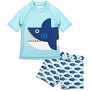 Dilon Toddler Baby Boys Swimsuit Shark Bathing Suits Set-Two Piece Short Sleeve Rashguard Swimwear & Swim Trunks Set(Shark,4-5T)