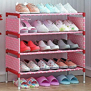 TZAMLI 4-Tier Free Standing Shoe Rack 12 Pairs Non-Woven Fabric of Shoes Organizer in Closet Entryway Hallway,Anti-Rust, Metal Frame and Fabric Shelves,22.8 x 10.6 x 25.2'' (Pink dots)