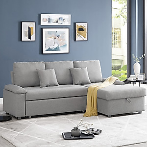 GOOD & GRACIOUS Sectional Sleeper Sofa Couch with Pull Out Bed, L Shaped Modern Sectional Sofa Bed with Chaise Lounge and Storage Function for Living Room, 34.65" x 32.68" x 86.61", Light Gray