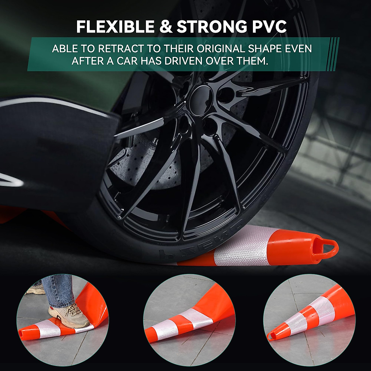 YITAHOME Traffic Cones 28 Inch (10 Pack), with 29.5FT Chain and Reflective Collars, PVC Orange Construction Cones, Safety Cones for Parking Lot, Home Road