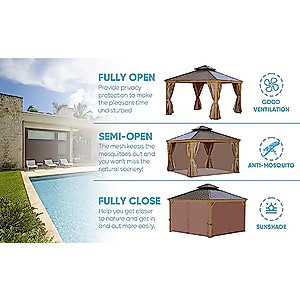 12'x12' Hardtop Gazebo, Outdoor Aluminum Hard Top Gazebo with Galvanized Steel Double Roof, Permanent Metal Roof Gazebo with Nettings, Curtains and Hooks for Deck, Patio (Bronze)