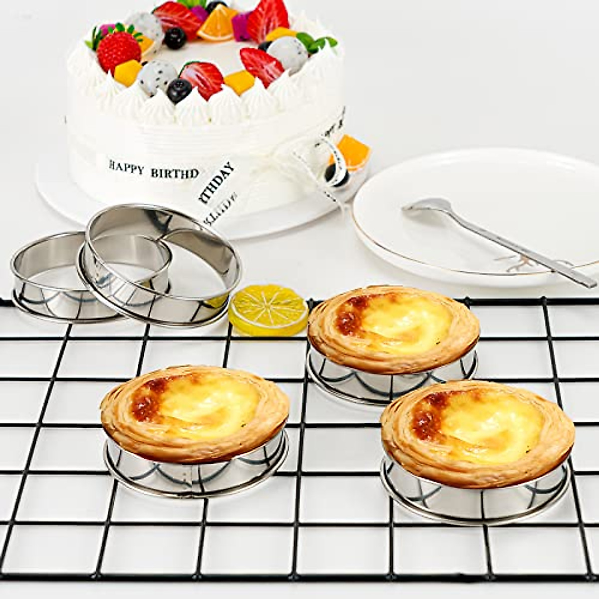 Katisun 4 Inch Muffin Rings Stainless Steel Crumpet Rings Tart Rings Double Rolled Nonstick Round Cake Ring, Pastry Ring Mold for Dessert, Home Baking Tool 5 Pieces Multipurpose Circle Egg Ring