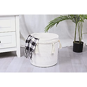 Boho Basket with Cute Macrame Woven Tassel, Cotton Rope Storage Bins Organizer for Boho Room Decor,Bedroom Decor,Plant Basket 11"X11"