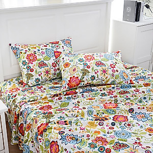 MEISHANG Full Size Sheet Set - Ultra Soft Brushed Microfiber Floral Printed Bed Sheet Set - Deep Pocket Up to 16" - Wrinkle Free - 4 Pieces (Full, Spring Flower)