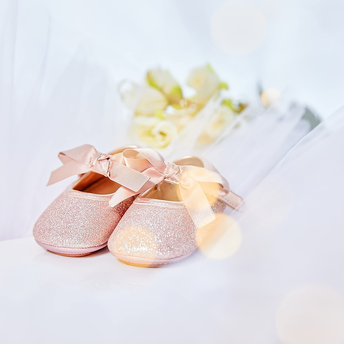 Felix & Flora Infant Baby Girls Shoes Soft Rubber Sole Princess Dress Shoes Baby Walking Shoes(Infant/Toddler)(12-18 Months Infant,Glitter Pink)