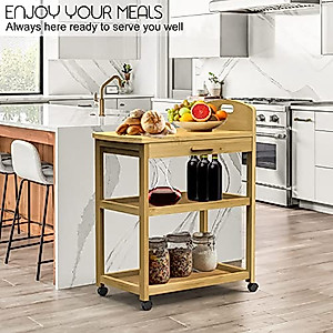 Purbambo Bamboo Kitchen Storage Cart, 3 Tier Rolling Cart, Mobile Utility Cart Trolley with Drawer and Lockable Casters for Home Kitchen