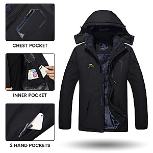 TACVASEN Winter Jacket for Men Skiing Warm Fleece Jackets Hooded Water Resistant Rain Jacket Black Thermal Snowboarding Jacket Windbreaker for Cold Weather
