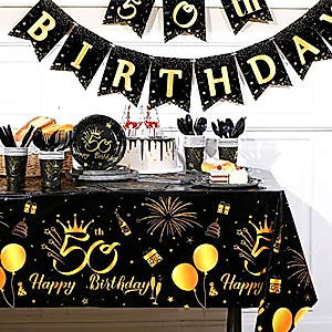 Remagr 3 Pack 50th Happy Birthday Tablecloth Disposable Plastic Table Cover Rectangular Black and Gold Cloths for Parties Decoration Supply Men Women Birthday, 54 x 108 Inch(50th), 54'' 108''