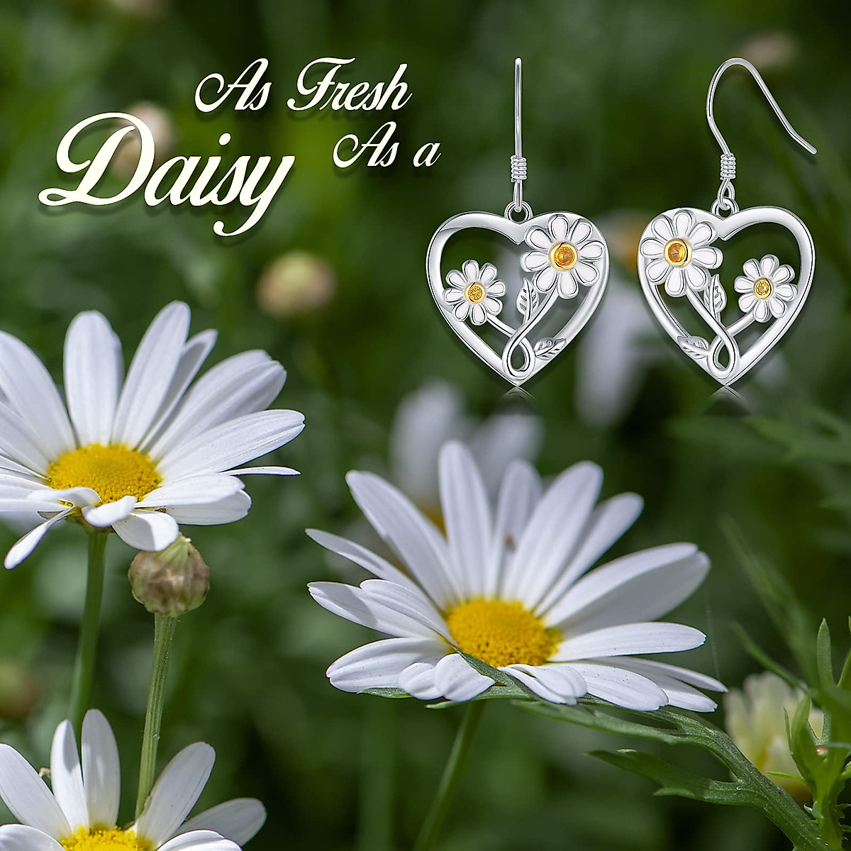 Daisy Sunflower Drop Earrings for Women - 925-Sterling-Silver Delicate Daisy Flowers Heart Dangle Earring Jewelry for Girls, Forever in My Heart White Daisy Sunflowers Drop Earrings Gifts