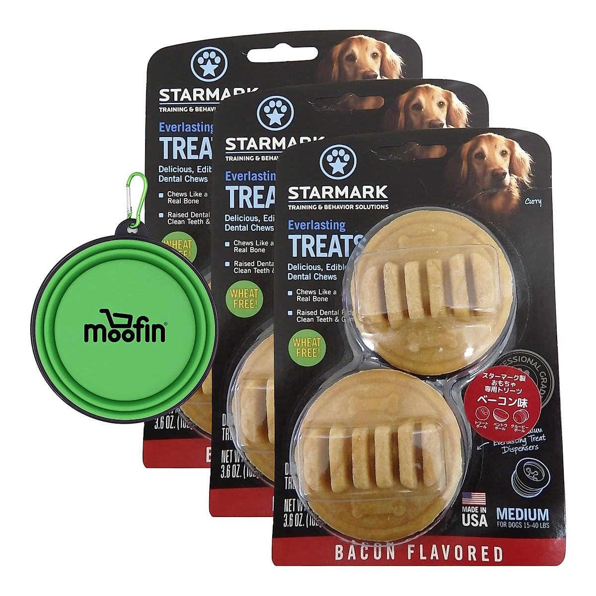 Dental Chews Bacon Flavor Dog Dental Chew, 3.6 Ounces, Bundle with Moofin Silicon Pet Bowl - Promotes Oral Health, Fits Treat Dispensers [Pack of 3]