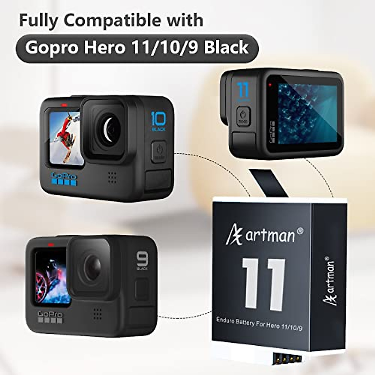 Artman Enduro Battery 3-Pack for Gopro Hero 11 Black, Hero 10 Black, Hero 9 Black with 3-Channel USB Intelligent OLED Color Display Charger (Fully Compatible with Gopro Hero 11/10/9 Battery Charger)