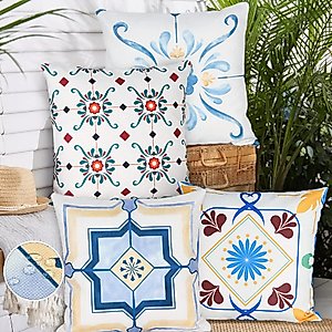 Basic Model Outdoor Waterproof Throw Pillow Covers 18x18 Inch Set of 4, Decorative Floral Cushion Covers for Couch Garden Patio Furniture