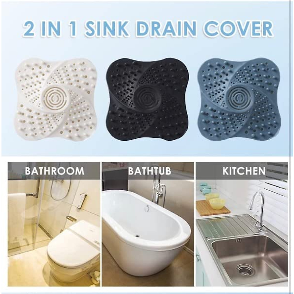 Drain Strainer, Hair Catcher, 2022 Design Anti Clog-Free, Bathroom Bathtub Shower Kitchen Sink Floor Drain, Tub Rubber Stopper, Pet Fur Food Basket, Flexible Silicone, White Black Blue, Standard