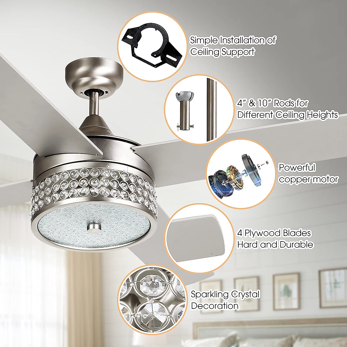 Parrot Uncle Ceiling Fans with Lights and Remote 52 Inch Bedroom Ceiling Fan with Lights Modern Outdoor Ceiling Fans for Covered Patios, Brushed Nickel