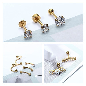 Ubjuliwa 27Pcs 16G Cartilage Earrings Stud Hoop for Women Stainless Steel Forward Helix Piercing Tragus Earrings Conch Piercing Jewelry Gold Tone