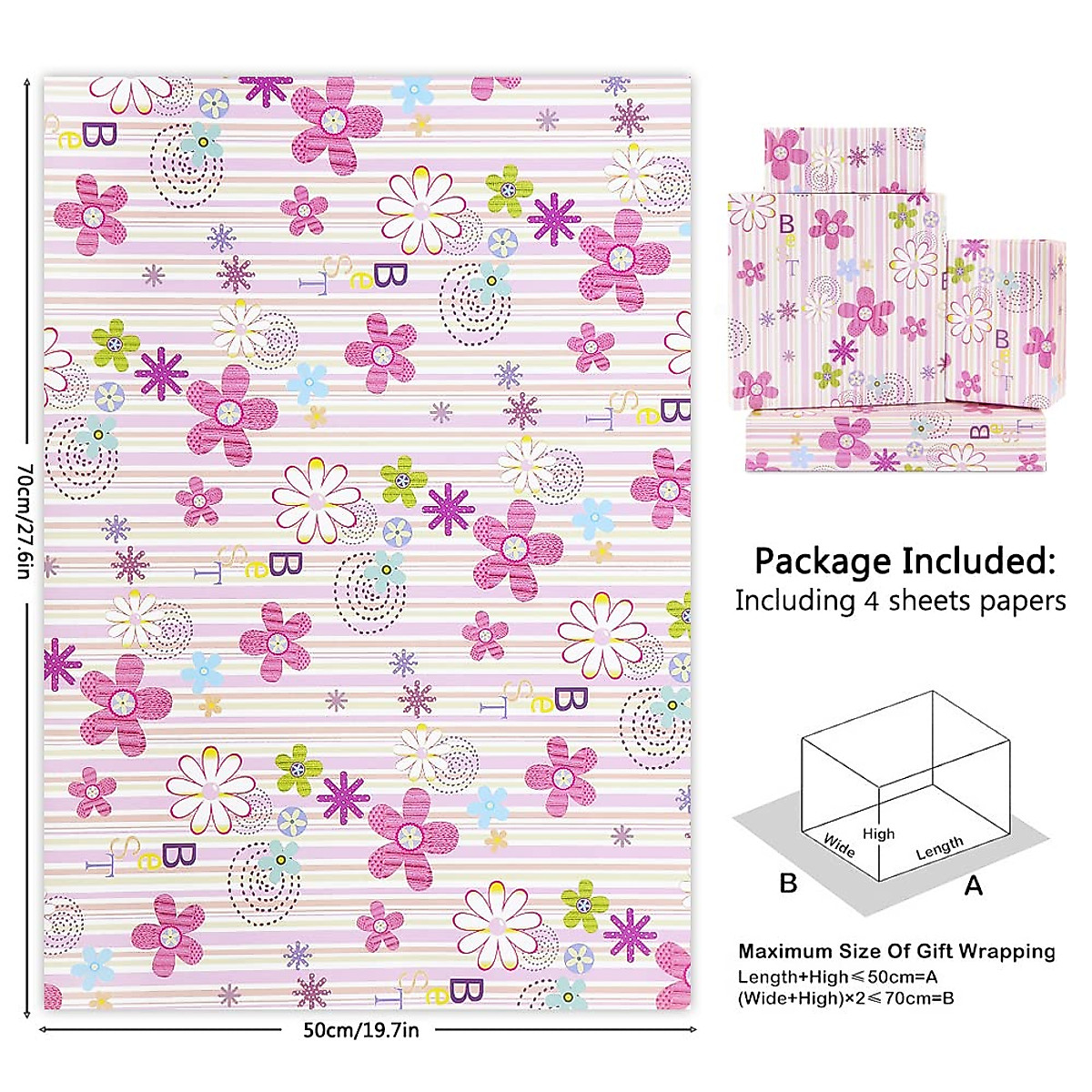 Little Flowers Floral Pink Wrapping Paper, Colorful Dasiy Flowers Print On The Striped Gift Wrap 4 Sheets For Kids Girls Boys Princess Wrapping Paper - Birthday Baby Shower Wedding Mother's Day and