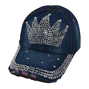 Popfizzy Bling Crown Baseball Cap for Women Rhinestone Hat, Bedazzled Baseball Caps, Distressed Hat, Fancy Bejeweled Hats, Sparkle Studded Denim Ball Caps (Crown)