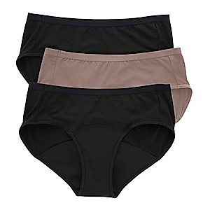 Hanes Comfort, Women's Period Underwear, Moderate Leaks Protection, Washable Hipster Panties, 3-Pack, Warm Steel, Peppercorn Grey, Black