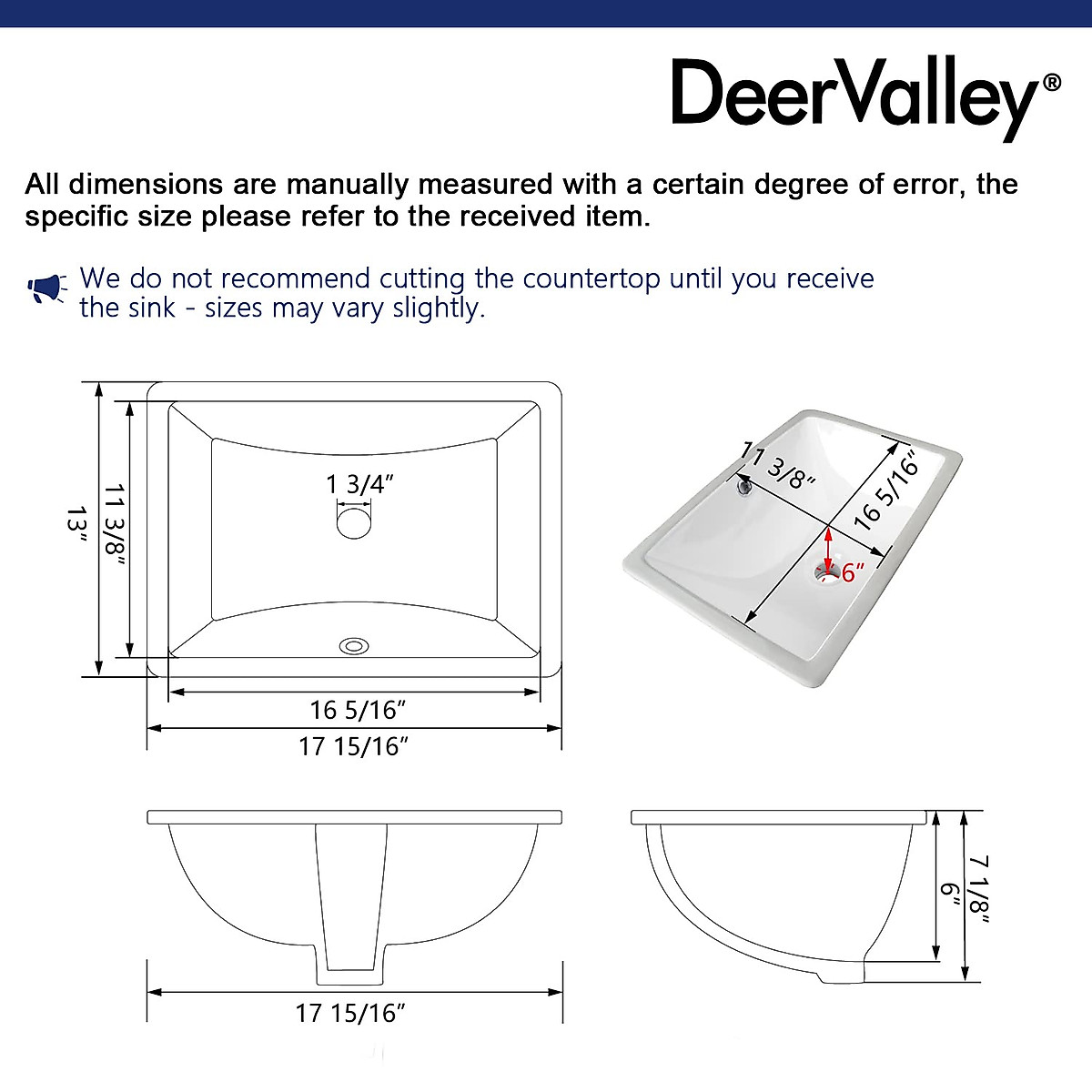 DeerValley DV-1U306 Ursa Undermount Bathroom Sink, 18'' x 13'' Vessel Sinks Rectangle Undermount Sink Modern White Ceramic Vanity Vessel Sink with Overflow