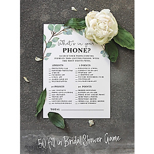 Inkdotpot 50-Pack Greenery Whats on Your Phone Bridal Shower Game Wedding Shower Bachelorette Party Bulk Activity Game Cards