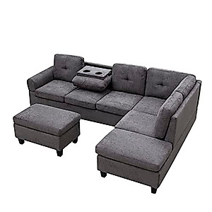UBGO Furniture Sets,Living Room Sectional Sofa,L Shaped Storage Ottoman, Upholstered Sofá with 2 Cup Holder,Couch Longue for Indoor Home Apartment Office, Grey Left Chaise