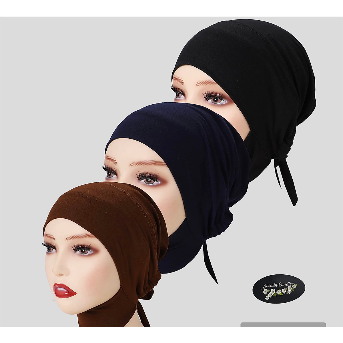 Solid color 3- pack full cover inner hijab cap. Under scarf cap for Muslim women. Coffee, black and blue color inner hijab cap…