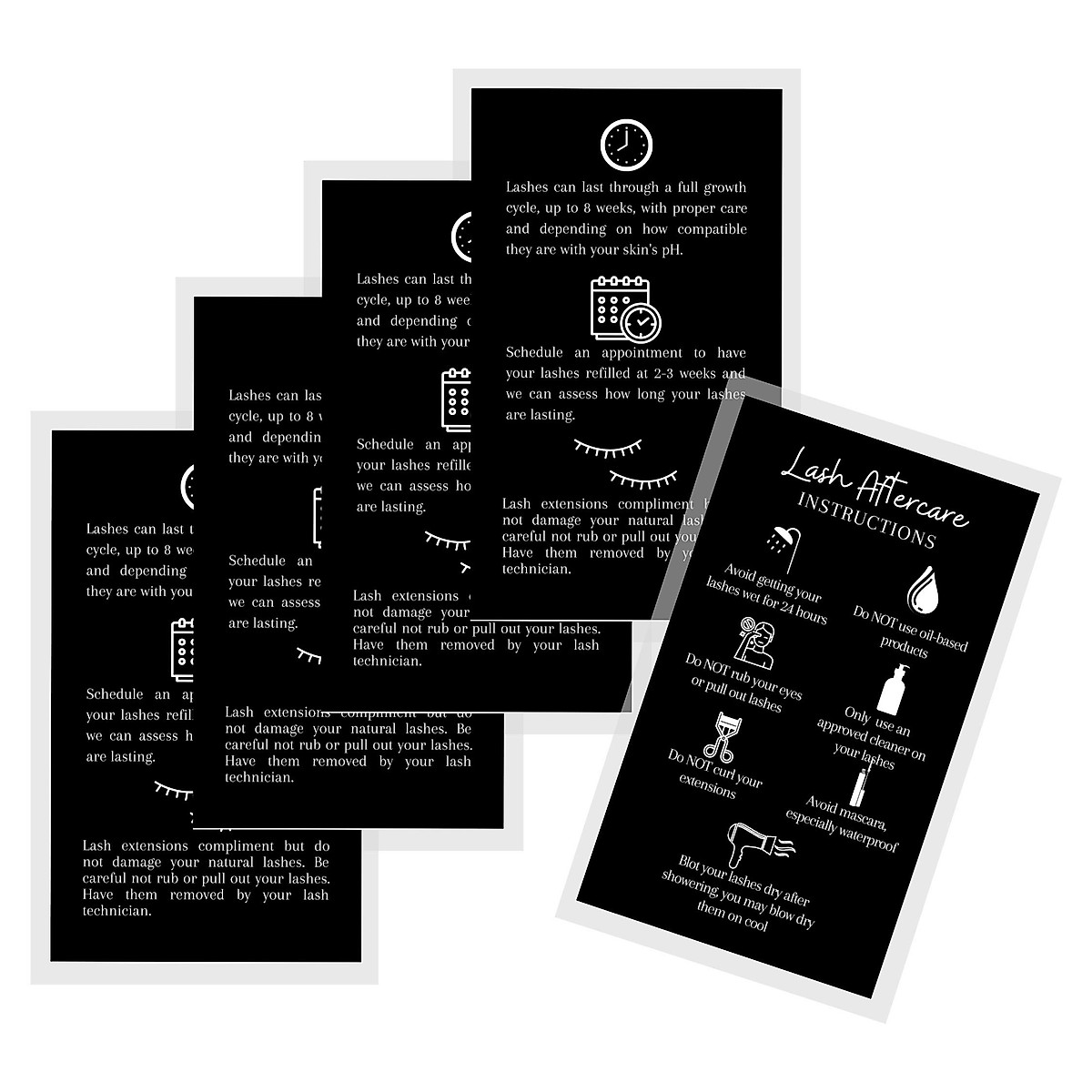 Boutique Marketing LLC Lash Extension Aftercare Instructions Cards,50 Pack,Double Sided Size 3.5 x 2 inchinch After Care (2-3 Week Fillers),Black with White Design