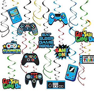 TMCCE Blue Video Game Party Supplies Gaming Party Decoration For Paper Plates,Cups,Napkins, Straws,Hanging Swirls,Balloons And Happy Birthday Banner For Gamer Birthday Party Decoration(NO Tablecloth)