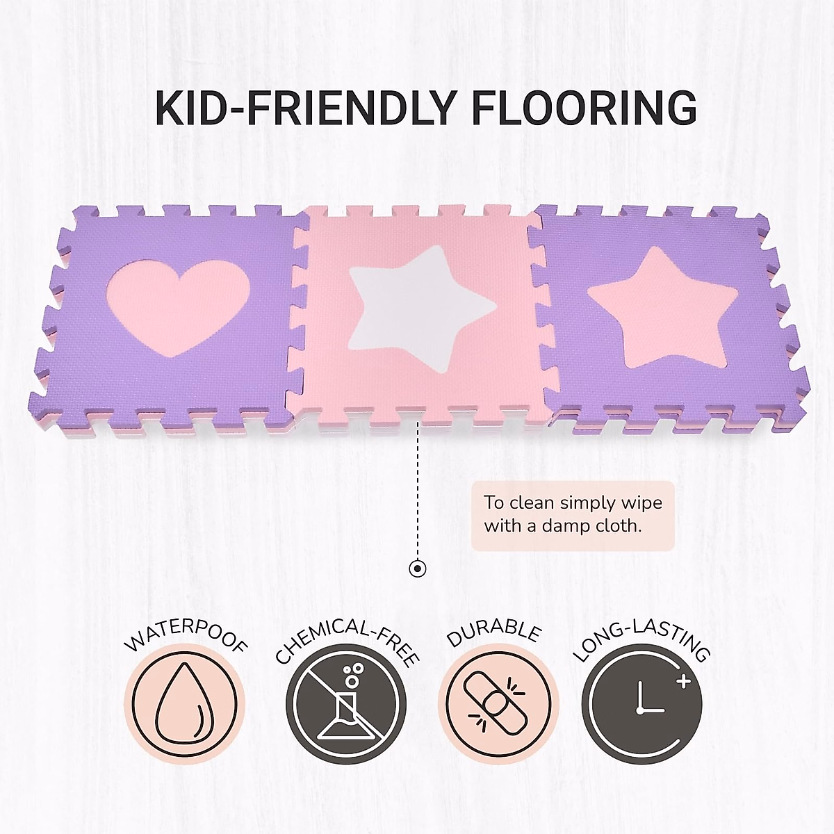 Tadpoles Hearts and Stars Foam Playmats for Kids, 16 Interlocking Foam Tiles, Waterproof, Durable, and Long-lasting | Total Floor Coverage 50” x 50” | For Ages 3 and Up | Pink, Purple, and White