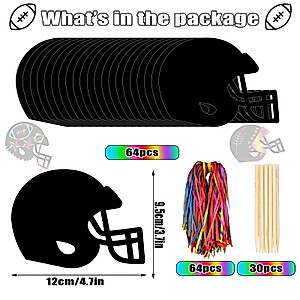 Syhood 64 Pcs Football Scratch Paper Crafts Kit Football Helmet Scratch Cards Ornaments with Wooden Stylus and Ribbons for Adults Crafts Painting Party Supplies