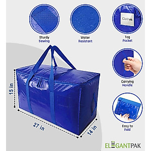 ElegantPak 6 Pack Extra Large Heavy-Duty Moving Bags with Carrying Handles & Zippers, Storage Tote for Space Saving, Folds Flat