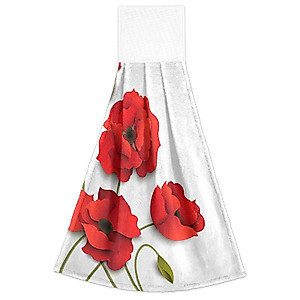 Spring Red Poppy Kitchen Hanging Towel 12 x 17 Inch Rose Blossom Floral Flowers Hand Tie Towels Set 2 Pcs Tea Bar Dish Cloths Dry Towel Soft Absorbent Durable for Bathroom Laundry Room Decor