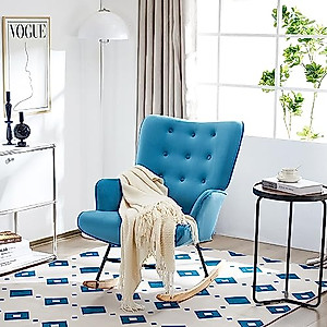 Kosydown Basic Blue Rocking Chair, Velvet Rocking Chair Nursery, Upholstered Comfy Armchair with High Backrest for Living Room Bedroom Offices, Solid Wood Legs Reading Chair
