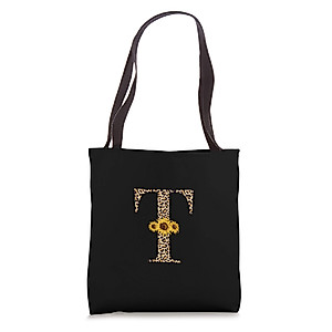 Black Monogram Letter T Initial Leopard Print Sunflower Gift Tote Bag