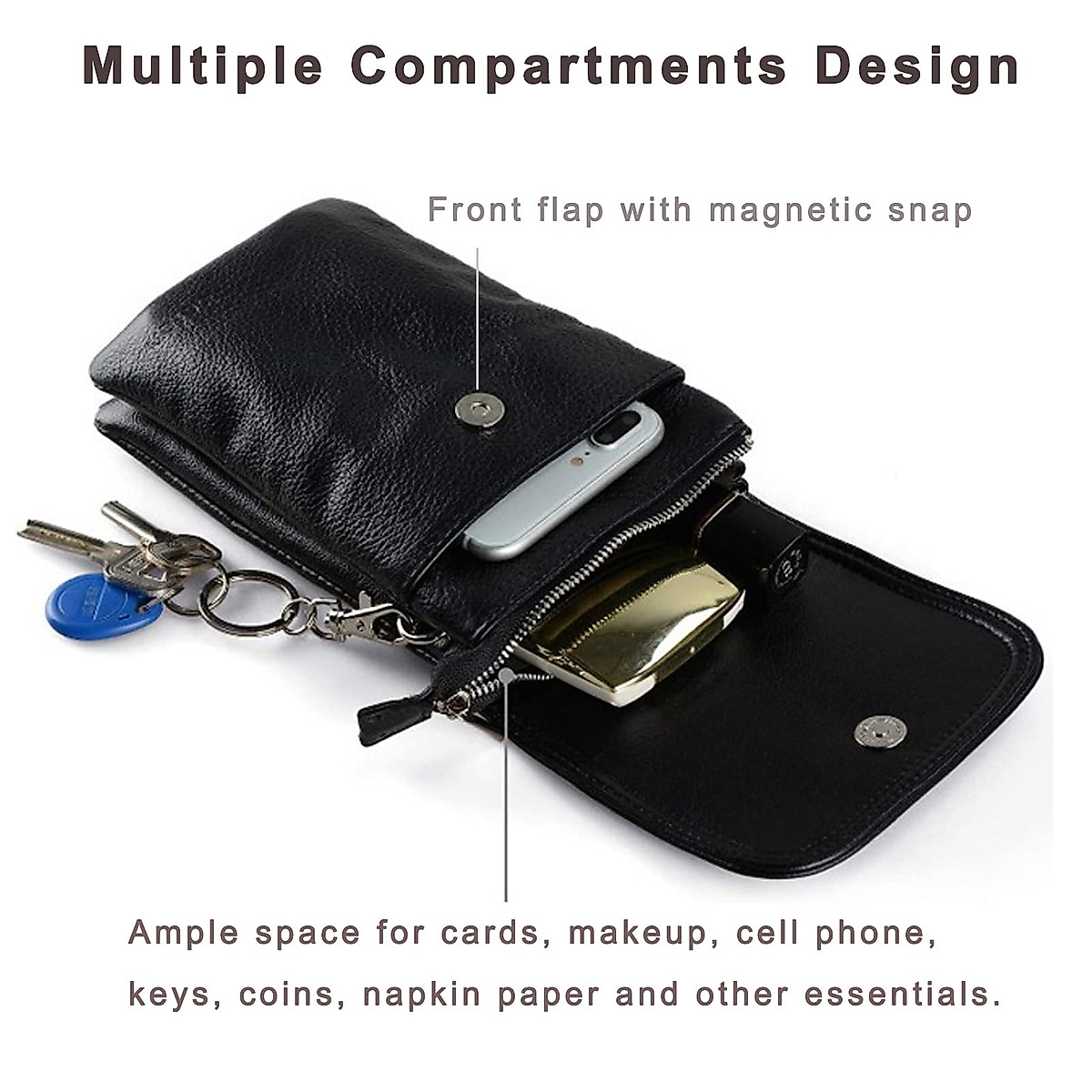 WITERY Leather Crossbody Cell Phone Purse for Women- Black Lightweight Small Cross Body Cell Phone Wallet Pouch Shoulder Bag with Shoulder Strap