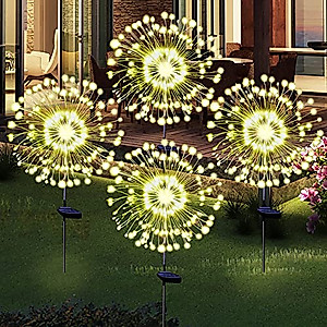 Solar Garden Firework Lights Outdoor Waterproof, 4 Pack Solar Powered Art Stake Twinkle Lighting for Outside Decor, 180 LED Sparklers String Lights for Yard Pathway Patio Party Decorations (Warm)