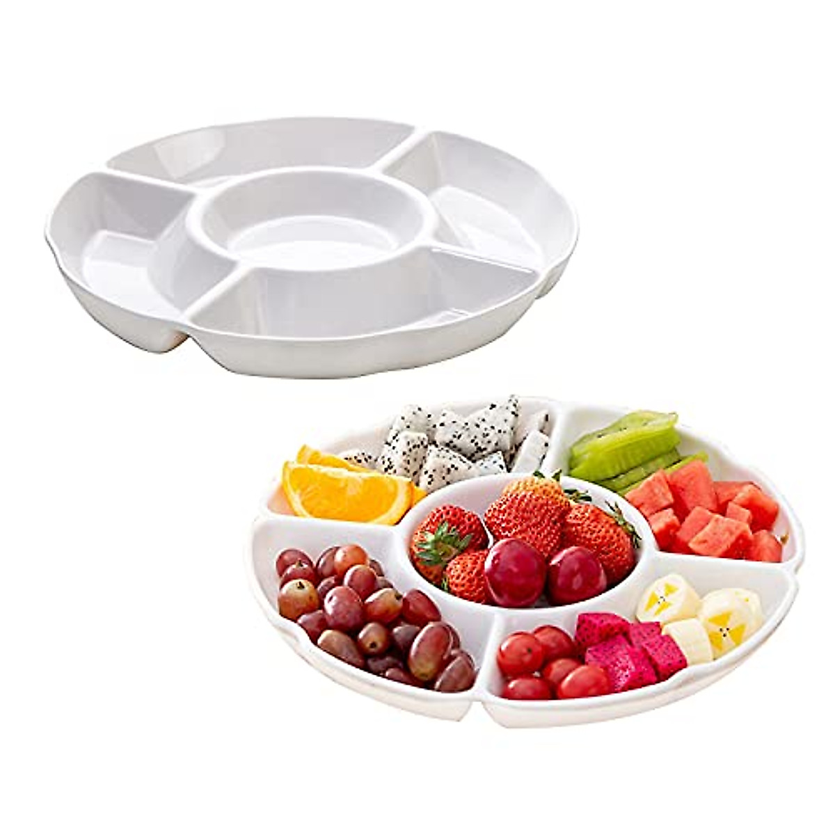 Set of 2Pcs 10 inch Melamine Serving Tray with 5 Compartments, Divided Serving Platter for Appetizer, Snack, Veggie, Fruits (White)