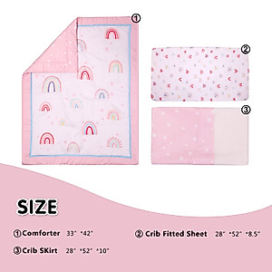 Honkaii Boho Rainbow 3-Piece Crib Bedding Set, Baby Nursery Bedding Sets Including Crib Quilt, Crib Skirt, Crib Sheet, Pink Crib Sets for Girls