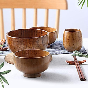 Handmade Wood Bowls, Jujube Wooden Japanese Bowls with Matching Spoon for Rice, Soup, Dip, Salad, Tea, Decoration 4 Sets (4 Bowls + 4 Spoons)