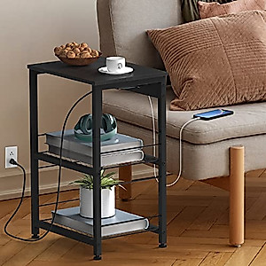 Black Nightstand with Charging Station Industrial End Side Table with USB Ports and Power Outlets 3-Tier Sofa Bedside Table with Storage Shelves and Wood Tabletop for Bedroom Living Room Modern