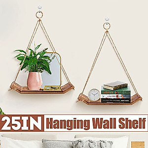 2 PCS Hanging Shelves for Wall, Wood Hanging Shelves for Wall, Cute Boho Room Rope Farmhouse Wooden Floating Small Bookshelves Decoration Wall Display Hanging Shelf for Living Room,Office, Bedroom