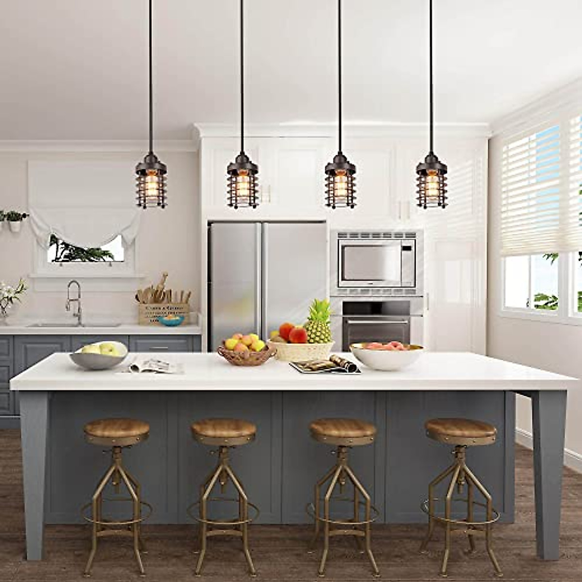 LNC Rustic Pendant Lighting for Kitchen Island, Retro Vintage Pendant Light Fixture with Metal Cage Shade, Mini Hanging Pendant Lights Adjustable for Kitchen Sink, Dining Room, Bedroom, Foyer, 3.9”D