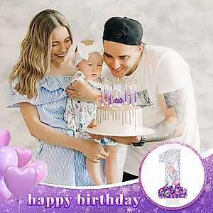 Amylove Purple Butterfly Number 1 Birthday Candle for Cake with 6 Long Thin Cupcake Candles Girls Sparkling Candles Sequin Glitter Purple Candle for Women Girl Anniversary Wedding