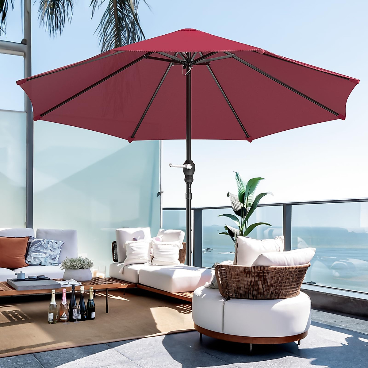 Magshion 9FT Outdoor Market Patio Umbrella, Large Waterproof Sun Umbrella with Crank Lift & 8 Steel Ribs, Sturdy Pole for Garden, Deck, Backyard & Pool (Red)