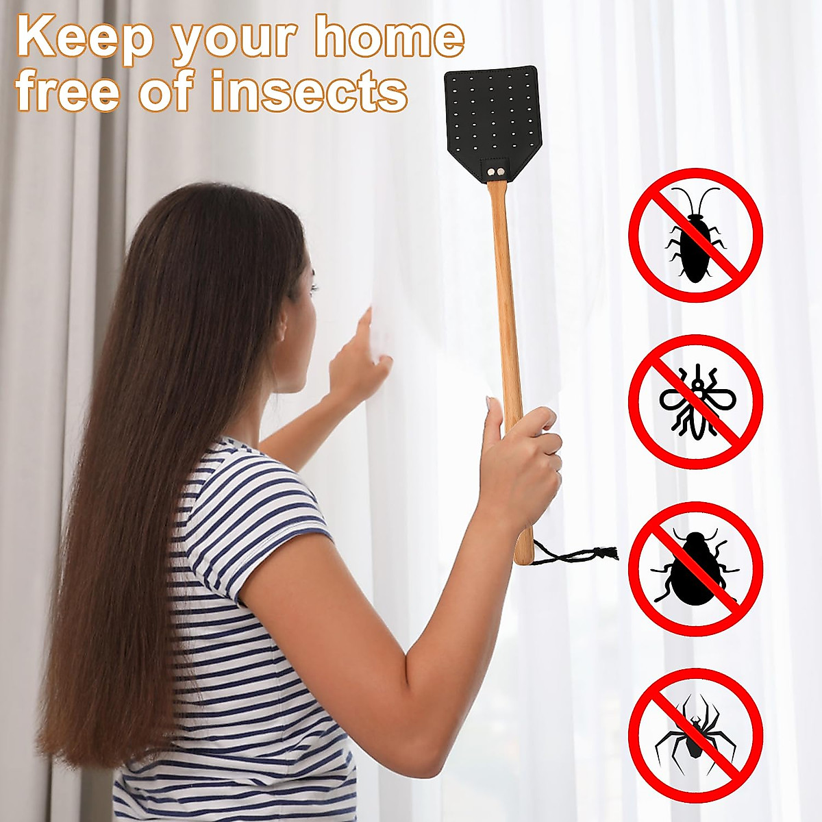 2pcs Leather Fly Swatter, Manual Heavy Duty Flyswatter with Long Wood Handle and Hanging Rope Durable Fly Swatter Catcher Wasp Swatter for Indoor Outdoor Home Fly