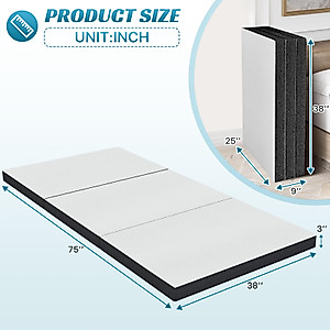 Dkelincs Folding Mattress Trifold Memory Foam Mattress Topper 3 Inch Portable Foldable Mattress for Camping, Guest, Yoga, White(Twin Size, 75X38X3)