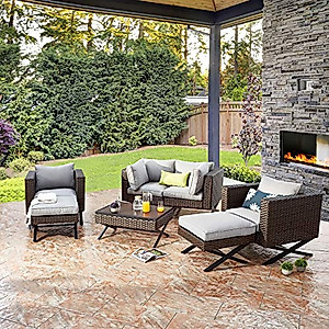 PatioFestival Wicker Patio Ottoman Outdoor Footstools Rattan Furniture X-Leg All Weather Footrest Seat with Cushion(Brown)