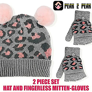 PEAK 2 PEAK Girls Hat and Fingerless Gloves Winter Set, Leapord with Plush Pink Pompoms - Age 4-12 Years