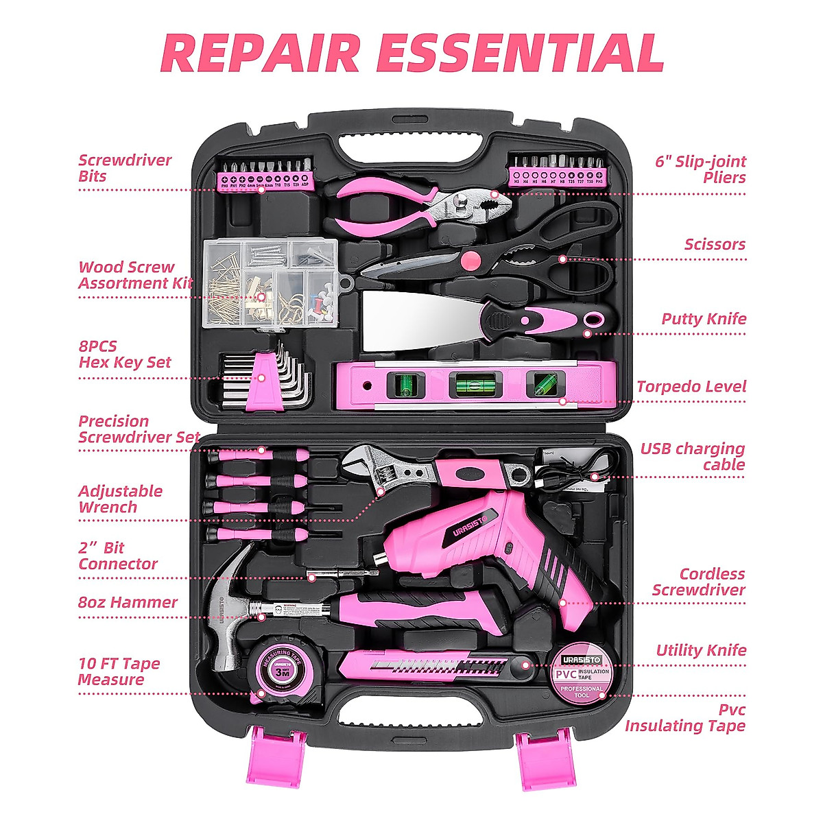 URASISTO Pink Household Tool Set with 3.6V USB Electric Screwdriver, 136 PCS Home Tool Kit with Cordless Lithium-ion Drill Driver, Hand Tool Kits for Women