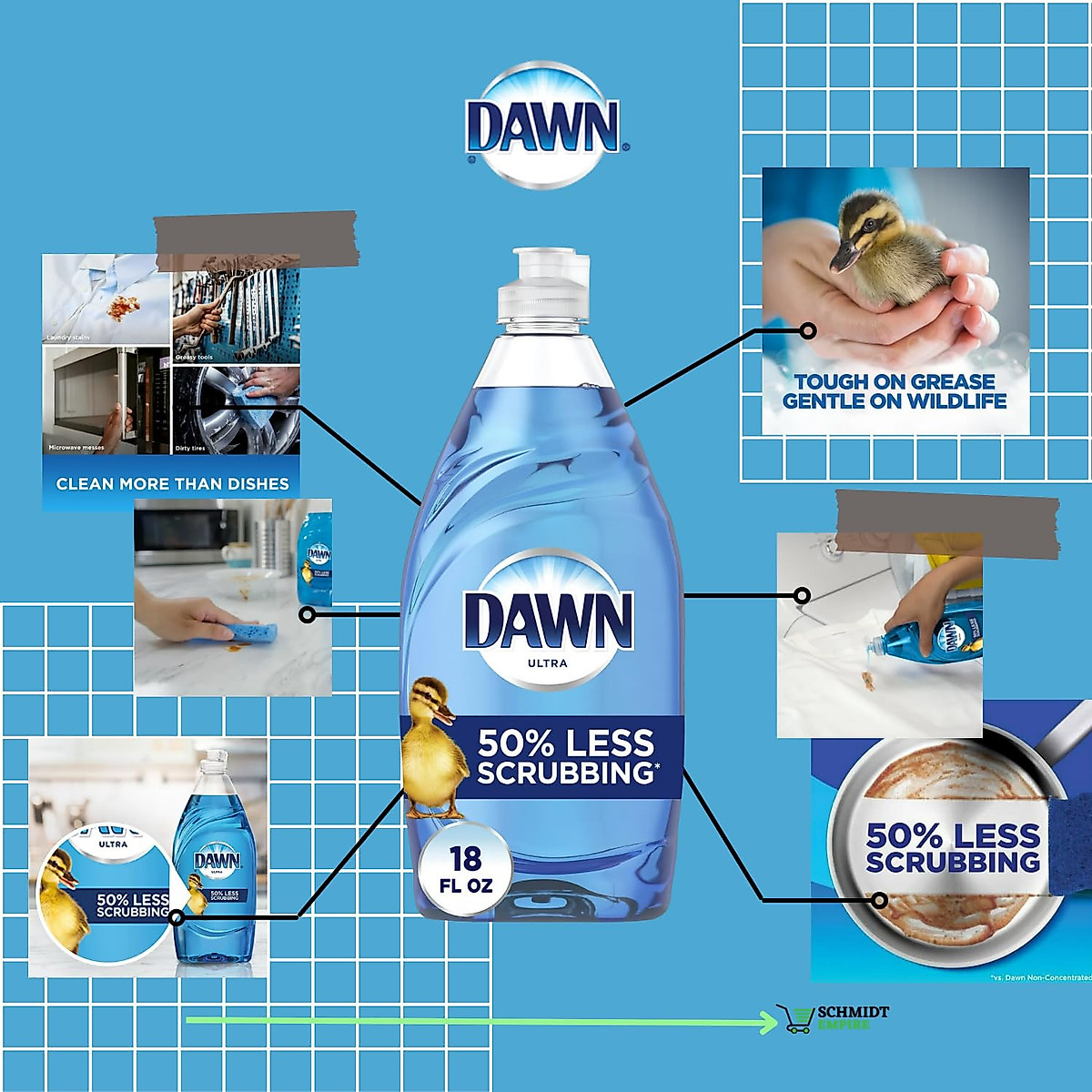 Ultra Dawn Liquid Dishwashing Soap (original scent 18 fl oz) includes SchmiidtEmpire Sticker + Cleaning Sponge (Pack of 3)